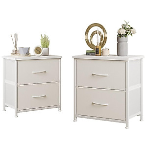 LUMTOK White Nightstand with Drawer, 2 Drawers Dresser for Bedroom, Small Night Stand and Dressers Sets Fabric Drawers, End Table Drawer Living Room (2PCS)