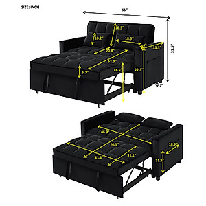 JEEOHEY Sleeper Sofa Couch w/Pull Out Bed, 55" Modern Velvet Convertible Sleeper Sofa Bed, Small Love seat Sofa Bed with 2 Pillows & Side Pockets for Small Space, Living Room, Apartment, Black