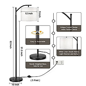 OUTON Arc Floor Lamp with Remote Control, LED Dimmable Modern Lamp with 4 Color Temperatures, Tall Standing Reading Lamp with Adjustable White Linen Shade for Living Room, Office, Black Matte