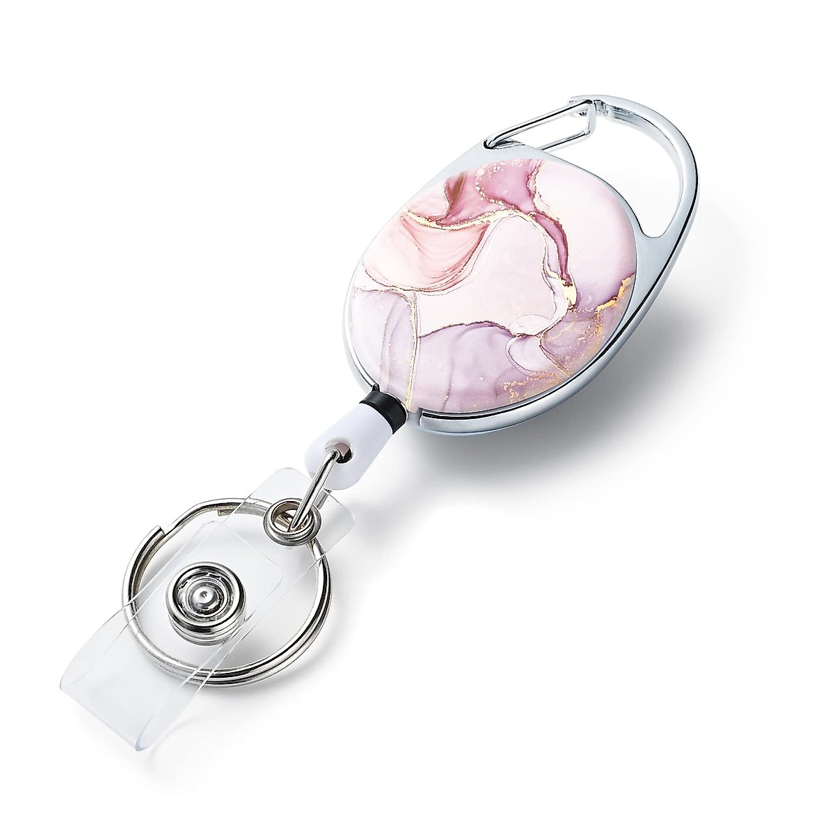 Badge Reels Retractable，Double Sided Color Print Pattern Badge Holders，with Keychain, Clip and Key Ring，Durable Nylon Rope，Pink Marble