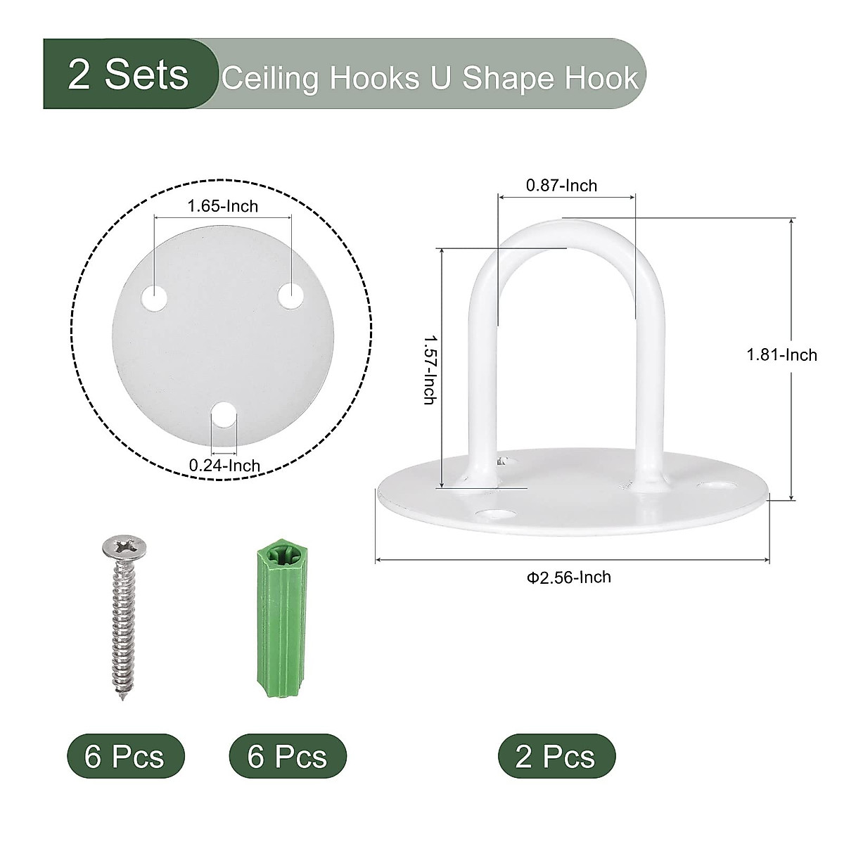 YOKIVE 2 Pcs Ceiling Hanging Hook, Wall Mounted U Shape Hook with Round Plate Hanging Plants, Great for Office, Home, Daily Use (White, 2.6x1.8-Inch)