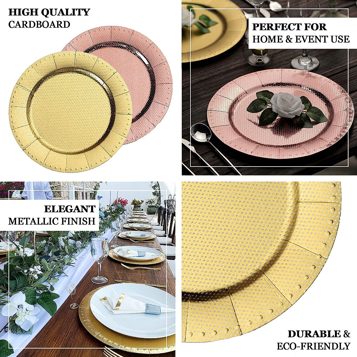 Efavormart 10 Pack | 13" Rose Gold Disposable Charger Plates, Cardboard Serving Tray, Round with Glitter Texture Dotted Rims - 1100 GSM