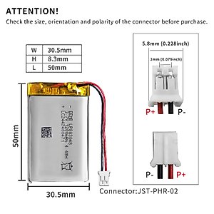 EEMB Lithium Polymer Battery 3.7V 1200mah 803048 Lipo Rechargeable Battery Pack with Wire JST Connector for Speaker and Wireless Device- Confirm Device & Connector Polarity Before Purchase