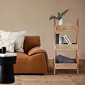 ZYBT Ladder Bookshelf, 3-Tier Rattan Bookshelf, Free Standing Bookcase, Blanket Ladder, Wood Organizer Storage Shelves for Living Room Bedroom Kitchen Bathroom Balcony and Home Office