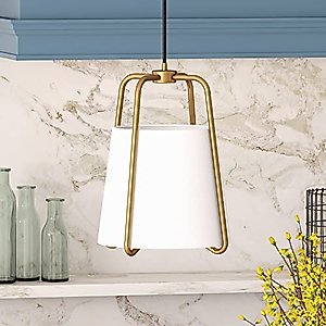 Marduk 11" Wide Pendant with Fabric Shade in Brass/White