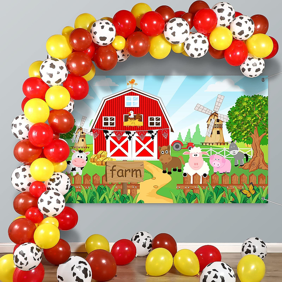 Farm Animals Theme Party Decorations Farm Barn Animals Backdrop Banner Farmhouse Animals Decor Party Tablecloth Balloon Arch Garland Kit for Birthday Photography Baby Shower Party Supplies (Red)