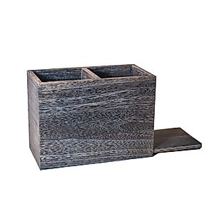 Double Torched Wood Kitchen Cooking Utensil Holder | 2 Compartment Large Caddy | Organizer Box with Slide-Out Bottom Panel by Farwood Designs