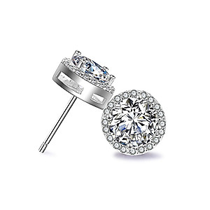 Silver Cubic Zirconia Stud Earrings - 925 Sterling Silver Crystal Round Diamond Rhinestone CZ Halo Studs Earrings for Women Men Everyday Earrings