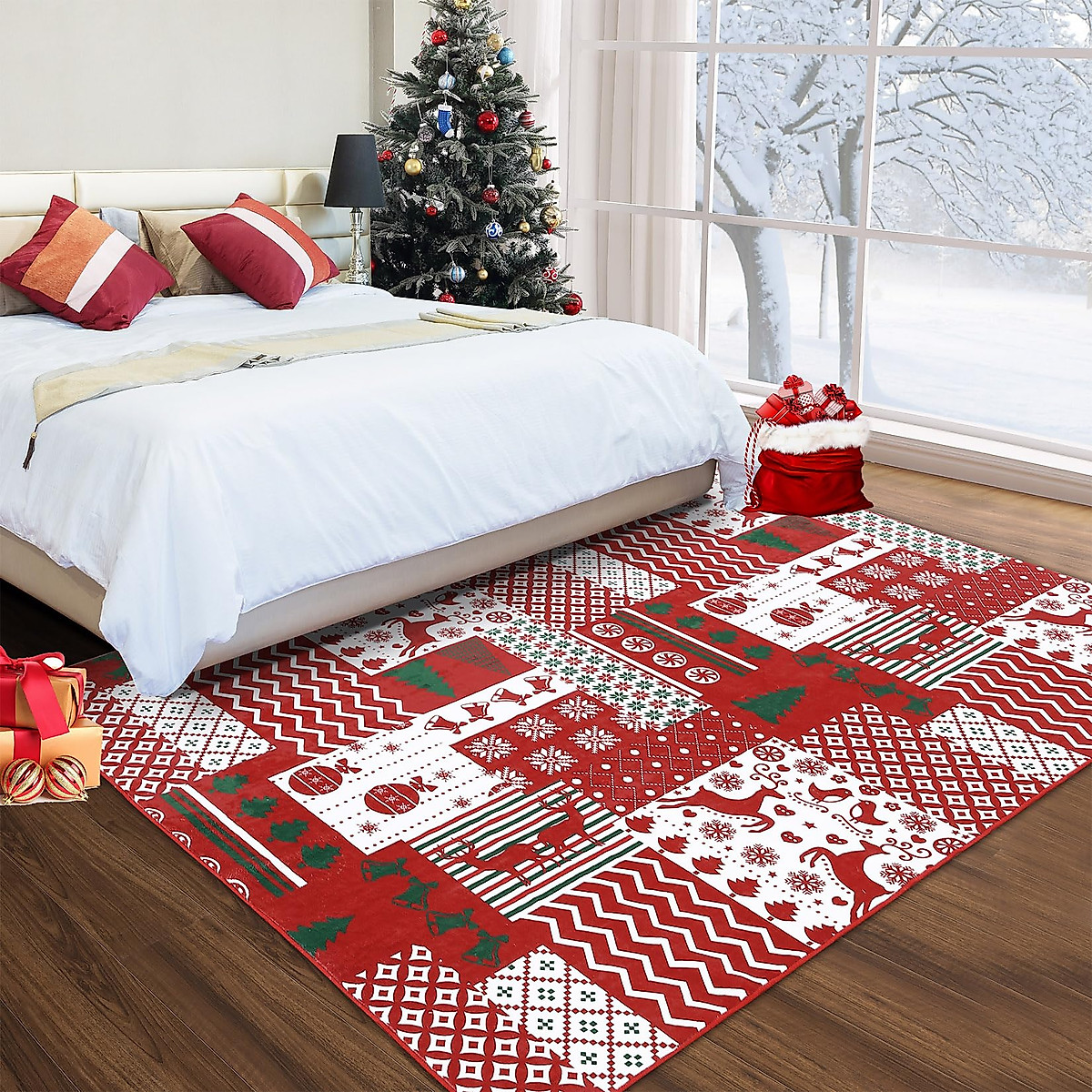 RUGSREAL Washable Christmas Area Rug Christmas Patchwork Area Rugs Carpet Holiday Decorative Carpet Rug Velvet Foldable Coffee Table Accent Rug Farmhouse Dining Table Rug Bedroom Decor, 4' x 6'