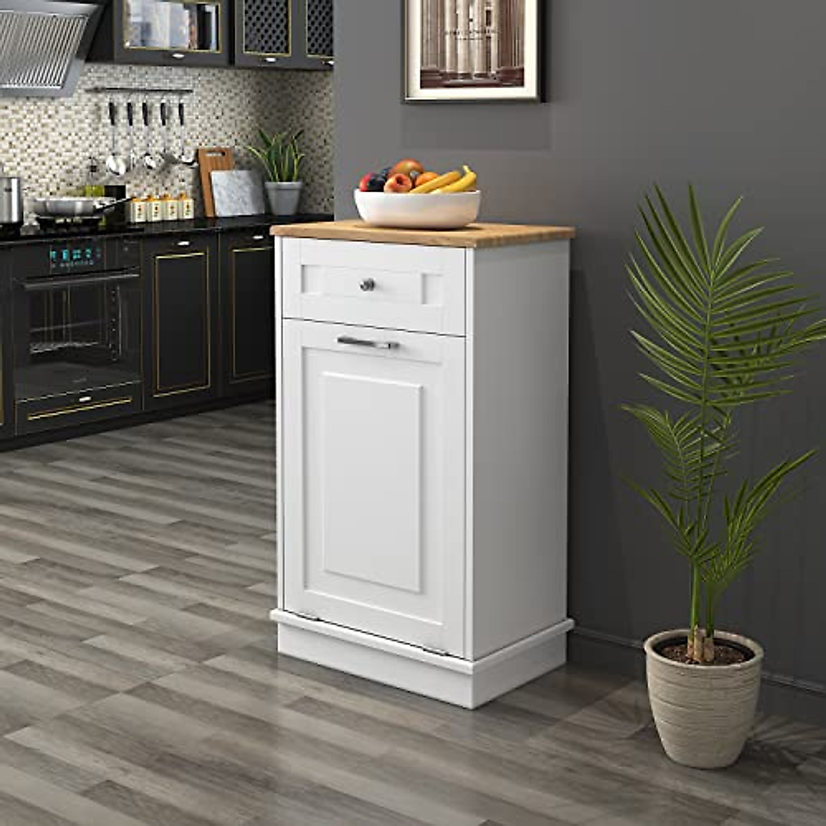 Goodyo Tilt Out Kitchen Trash Can Cabinet Wooden Trash Can Holder, Oak Top ,White w/ Drawer