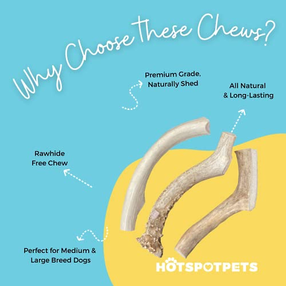hotspot pets Premium Deer Antlers for Dogs - 7+ Inch Large Antler Dog Chews (2 Pack) Naturally Shed Antler Bone for Large Breed Aggressive Chewers - Made in USA - Promotes Dental Hygiene