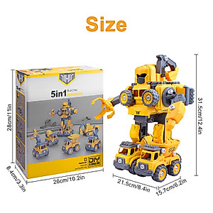 Toy Car Set for Kids 5 in 1 Transform Robot Take Apart Toys Building Toys Excavator Construction Vehicle Robot Toy with Sound and Light Effect for 3 4 5 6 7 8 Olds Boys and Girls Gift