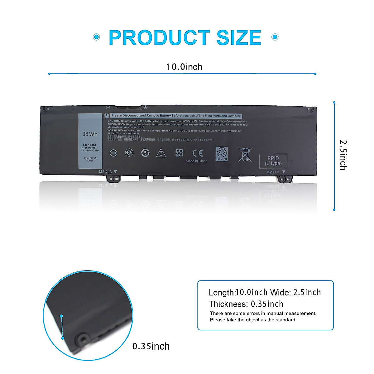 ZAYAUPVL 38Wh F62G0 Battery for Dell Inspiron 13 7000 7373 7386 2-in-1 7370 7380 5370 i7373 P83G P83G001 P87G P91G P87G001 Vostro 13 5370 Series 39DY5 F62GO 039DY5 0F62G0 RPJC3 0RPJC3 11.4V