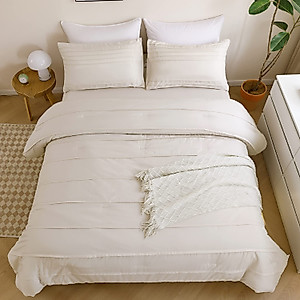 ZRNBAST 5 Pcs Beige Grey Comforter Set Full Size Pleated Textured Bohemian Style Bedding Set with Sheets Pinch Pintuck Striped Fluffy Comforter Set for All Seasons (Beige, Full)