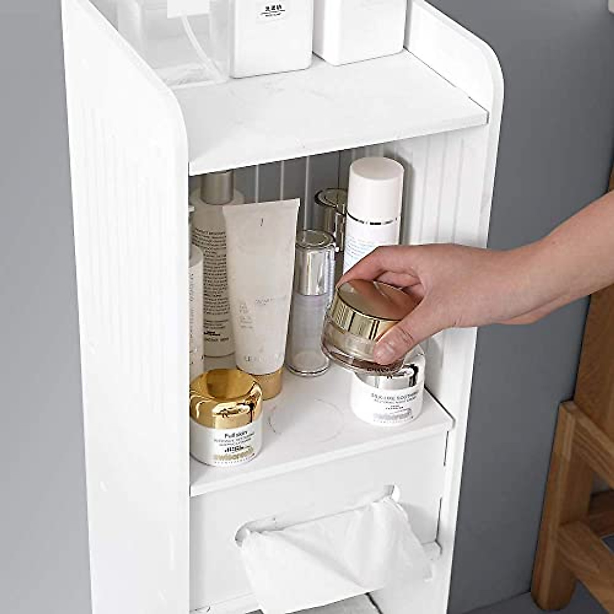 ITWAZ Multipurpose Bathroom Standing Cabinet with Single Door and 3-Layer, Free-Standing Shelves for Living Room Bathroom Storage Cabinet,9.8" Lx9.8 Wx31.5 H White B