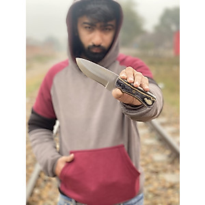 Fixed Blade Knife with Sheath, 9'' Full Tang Hunting Knife with High Carbon Steel Blade, Non-Slip Color Wood Handle, Lanyard Hole, Camping Knife for Hiking, Outdoor, Hunting, Survival, Camping