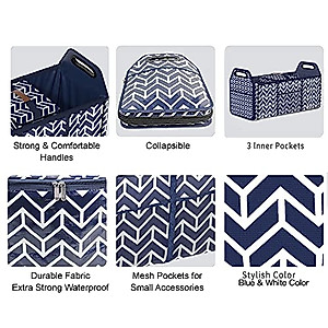 Trunk Organizer, Foldable Car Storage Bag Portable Insulation Cooler Bag Collapsible Vehicle Organizer Divider Storage Totes with 3 Compartment Cargo Tote for Groceries Caddy SUV, Navy Blue