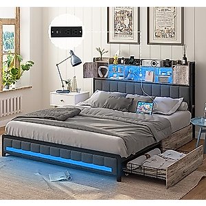 Queen Bed Frame with Storage Headboard & 4 Drawers, LED Upholstered Bed Frame Queen Size with Type-C & USB Ports, Metal Queen Platform Storage Light up Bed Frame, No Box Spring Needed, Charcoal Gray