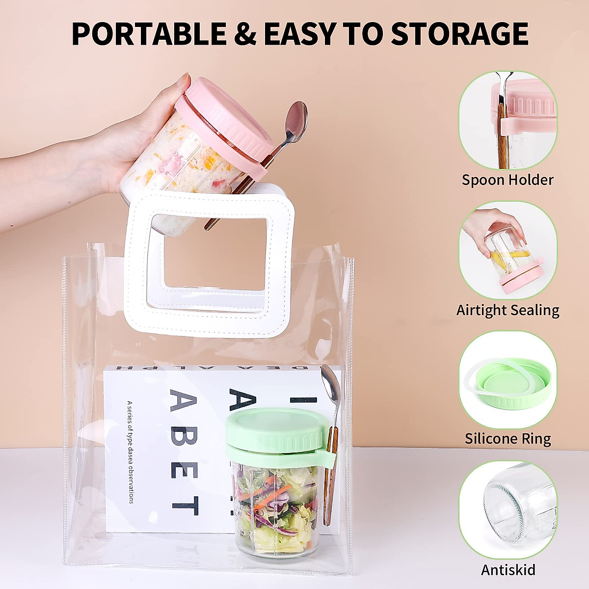 SUREHOME Overnight Oats Containers with Lids and Spoon, 16 Oz Glass Mason Jars for overnight oats oatmeal container to go meal prep jars with Measurement Marks for Pudding Milk Cereal Salad (2 Pack)