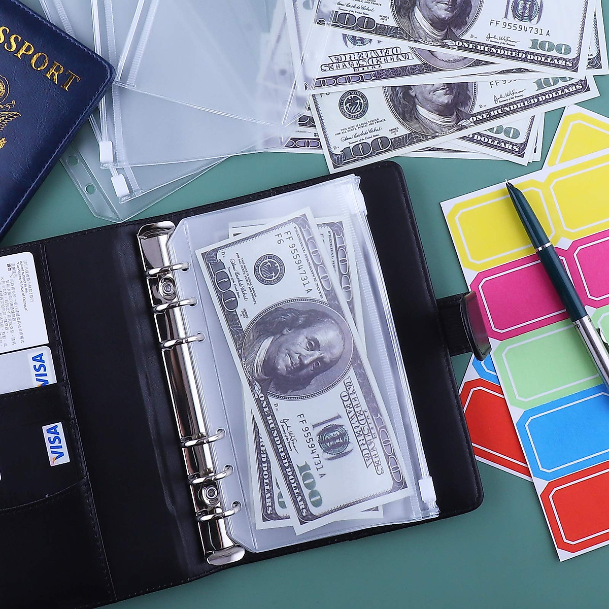 Antner Budget Binder with Zipper Envelopes, Money Binder Organizer with Cash Envelopes for Budgeting & Saving Money, A6 Budget Planner with 12 Cash Envelopes & 20 Colorful Stickers for Cash, Black