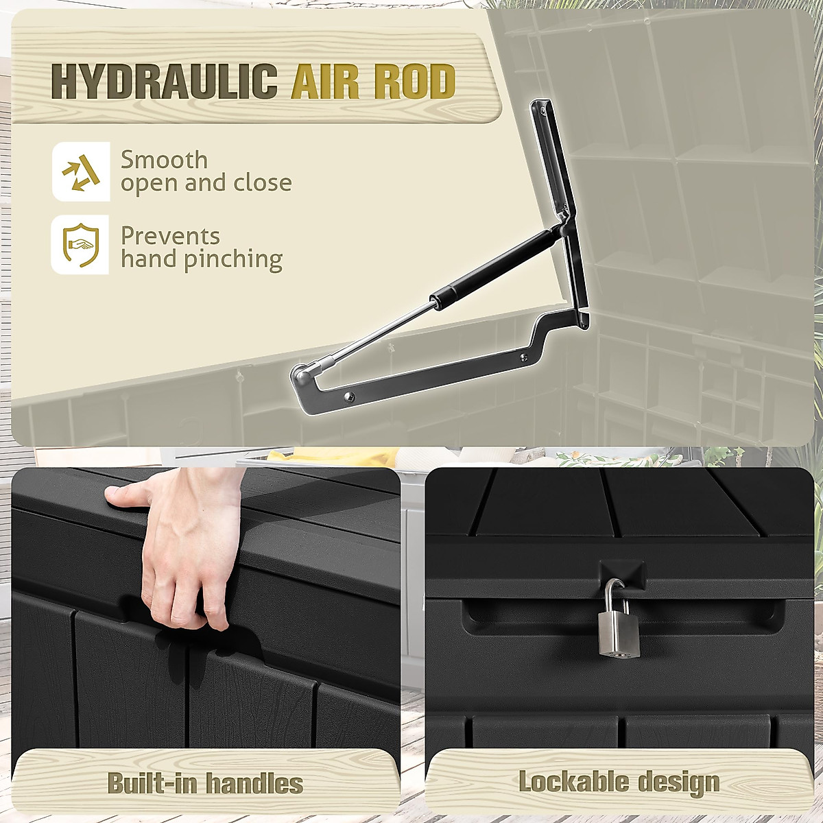 Flamaker Outdoor Storage Box 85 Gallon Resin Waterproof Deck Box with Wood Texture Large Storage Bin for Patio Cushions (Black)