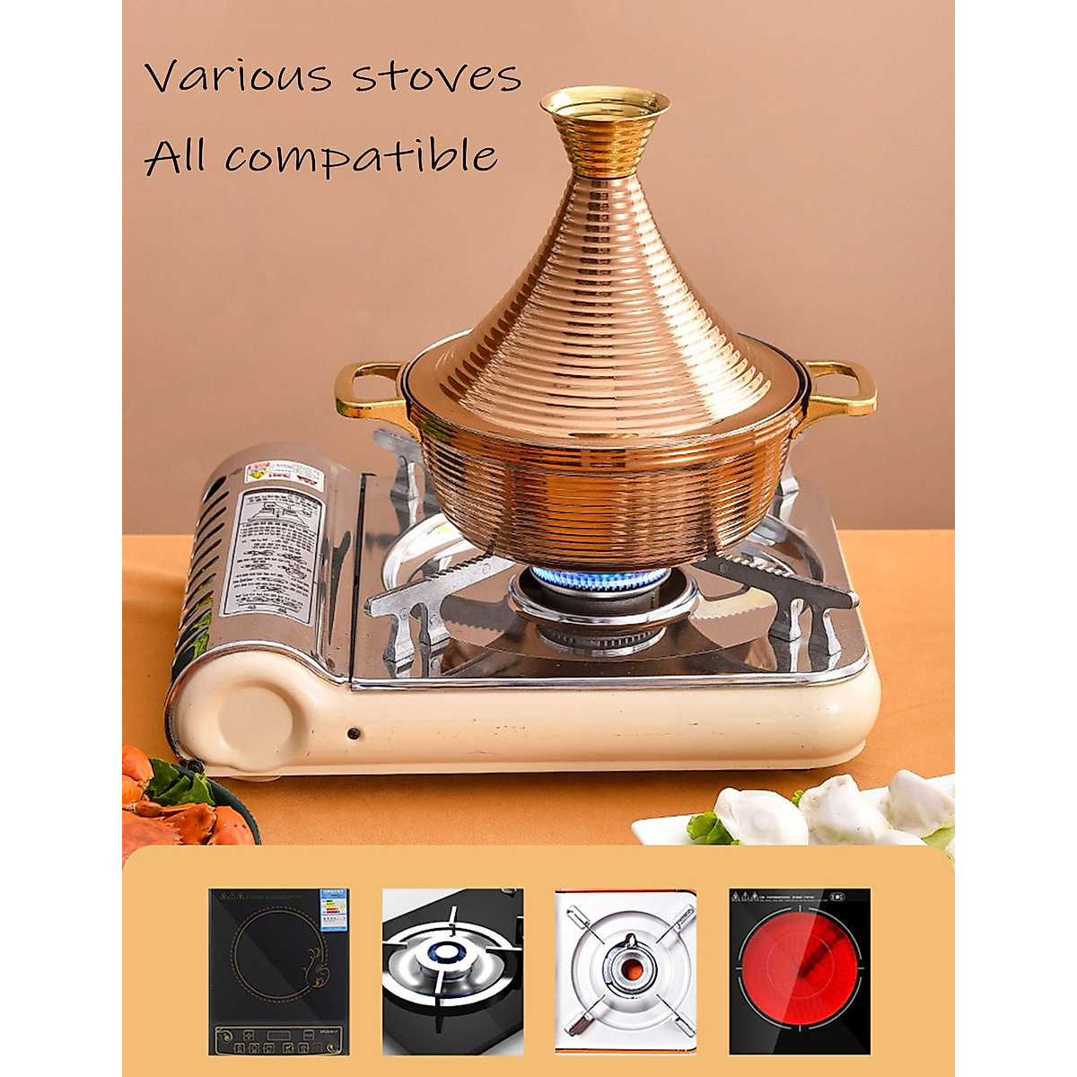 GFHVDC 304 Stainless Steel Moroccan Tagine Pot, Non Stick Moroccan Cooking Pot with 2 Handles, Large Moroccan Cooker Handmade Tagine Pot with Cone-Shaped Lid,Silver,29cm