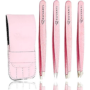 Ruvanti Tweezers 4 Pieces Set for Men/Women - Best for Plucking Eyebrow Facial & Ingrown Hairs, Slant Tip Pointed Straight & Precise - Pink