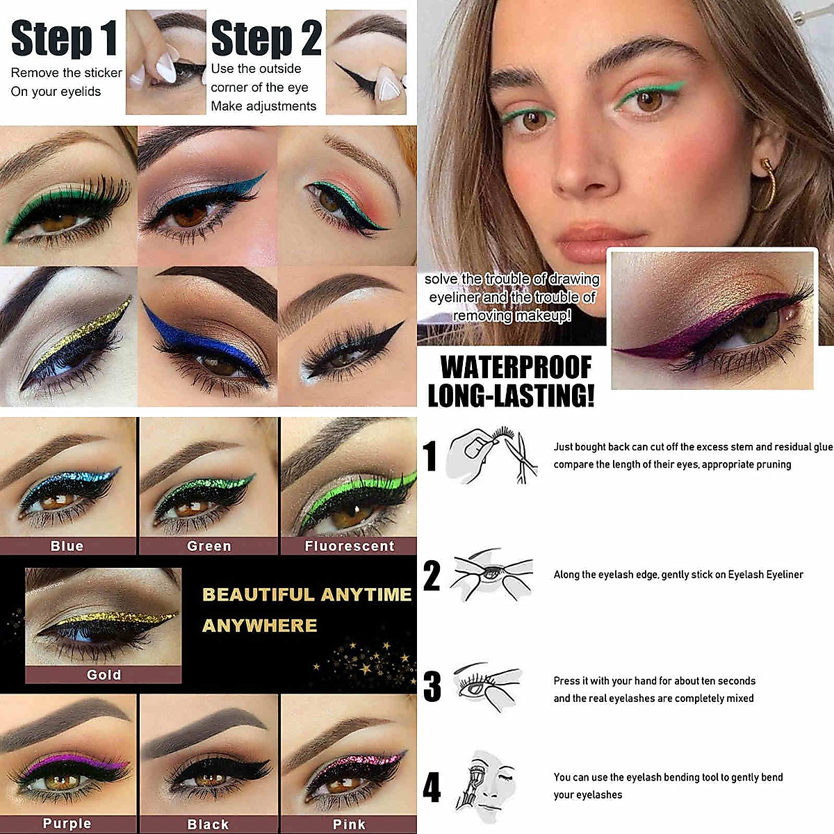 Eyelash Stickers, 4Pairs Reusable Eyeliner and Eyelash Stickers, Self-Adhesive Waterproof Colorful Glitter Invisible Eye Line Strip Stickers, Easy to Wear Women Makeup Eyeliner Sticke (Black)