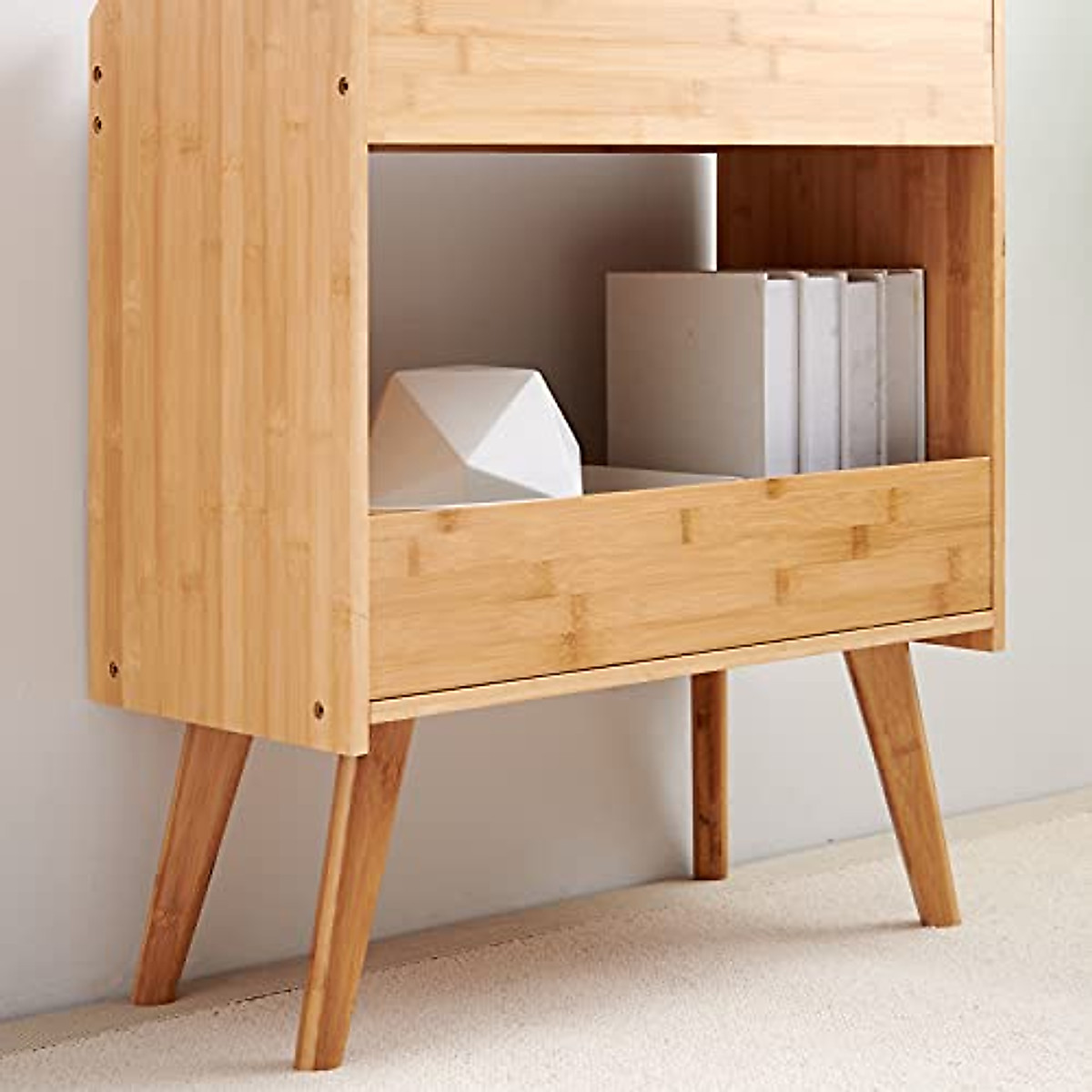 AbocoFur Bamboo Floor Book and Magazine Display Shelf, 20.67"(L) x10.63(W) x30.71(H), Multifunction Free Standing Organizer Storage Rack, Small Bookcase for Home, Office, Burlywood