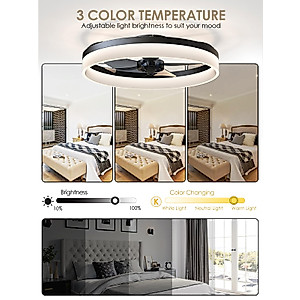 ERYAHRT Low Profile Ceiling Fan with Light Remote Control, Semi Flush Mount Ceiling Fans with 5 Invisible Blades, Dimmable Led Ceiling Fan Reversible Blades Timing, Black