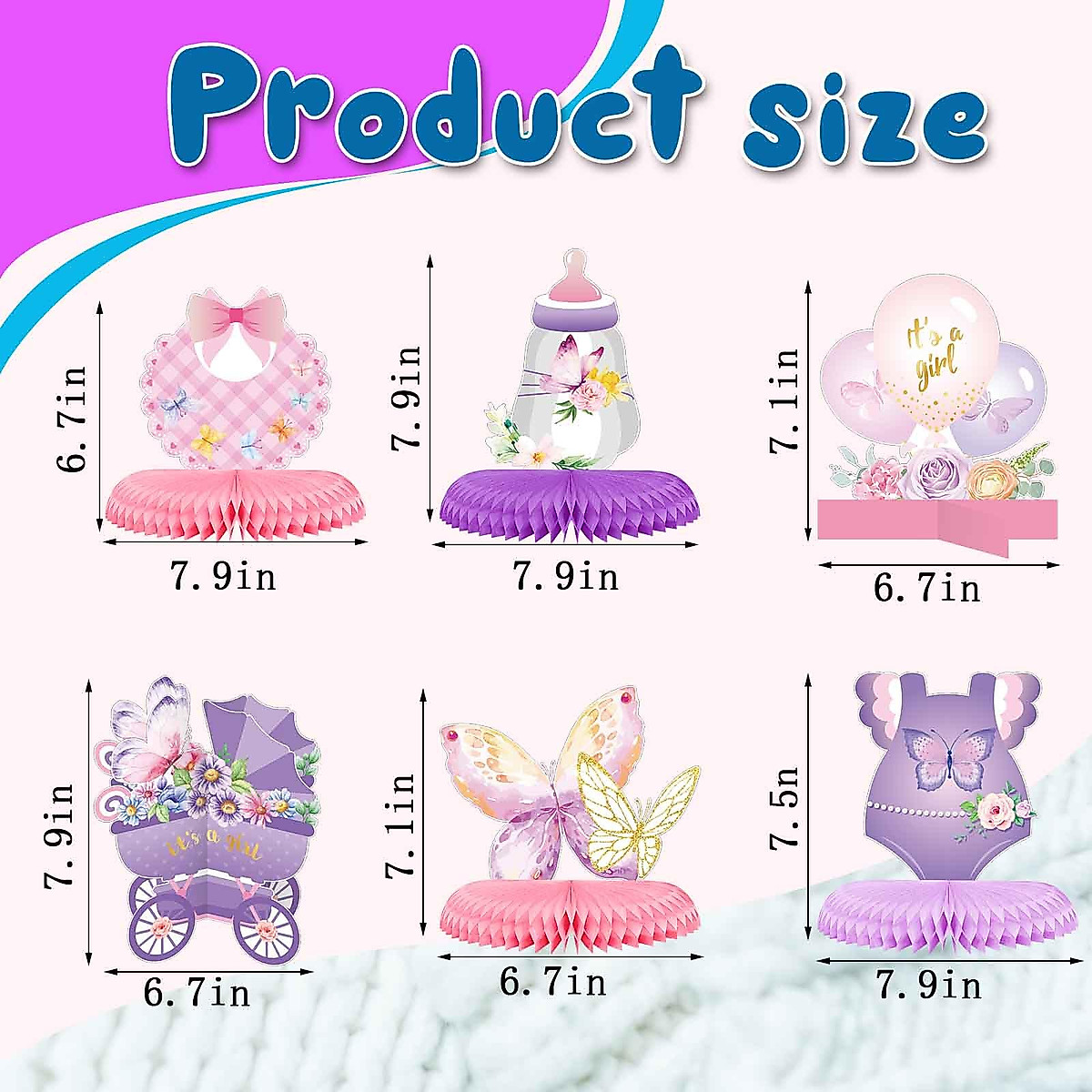 15 Pcs Butterfly Baby Shower Honeycomb Centerpieces It's a Girl Purple and Pink Butterfly Table Decor Floral Butterflies Table Topper Sign for Baby Girl Gender Reveal Birthday Party Decor