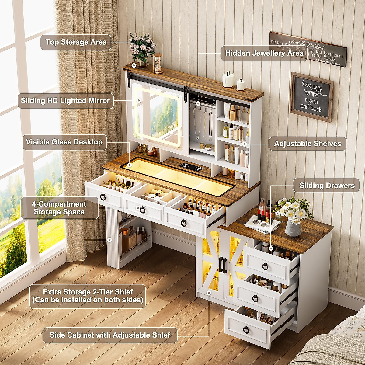 HNEBC Farmhouse Makeup Vanity Desk with Sliding Mirror and Lights,40" W Glass Tabletop Vanity Table with Charger,LED Vanity Set with Jewelry Armoire,6 Drawers,10 Shelves,Adjustable Cabinet