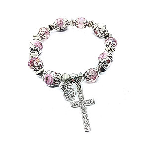 Nazareth Store Religious Cross Bracelet Christian Classic Beaded Bangle with Pink Crystal Beads Sacred Gift for Women & Men