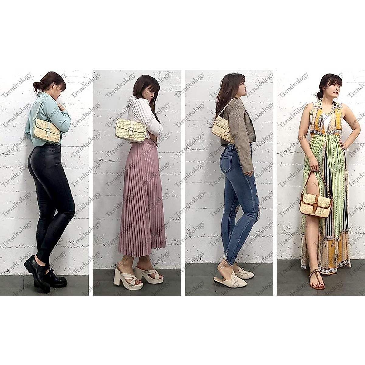 Vegan Leather Rattan Straw Y2K Retro Shoulder Bag Tote Purse Clutch (Tan)