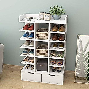 Waktavel 6 Tiers Vertical Shoe Rack, Wooden Shoe Rack Organizer with 2 Drawers and Open Top Free Standing Shoe Storage Stand for Entryway Hallway (White Shoe Rack 6 Tier)