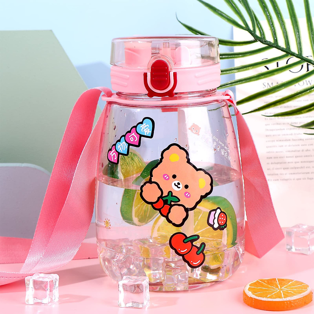 44 Oz Cute Water Bottles with Straws,Creative Kawaii High Capacity Cups,Leakproof Pot Belly Bottles with Adjustable Shoulder Strap,Anti-Fall Portable Juice Kettle Drinking Bottle Transparent Water Jug