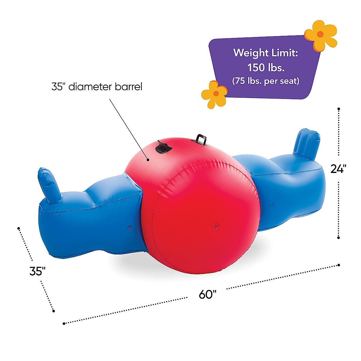 Hearthsong Large Inflatable Seesaw Rocker for Two, 60”L x 35”W x 24”H, Multicolor, Wide Front Handles with Backrest, Heavy-Duty Vinyl, Holds Up to 75 Lbs. Per Seat