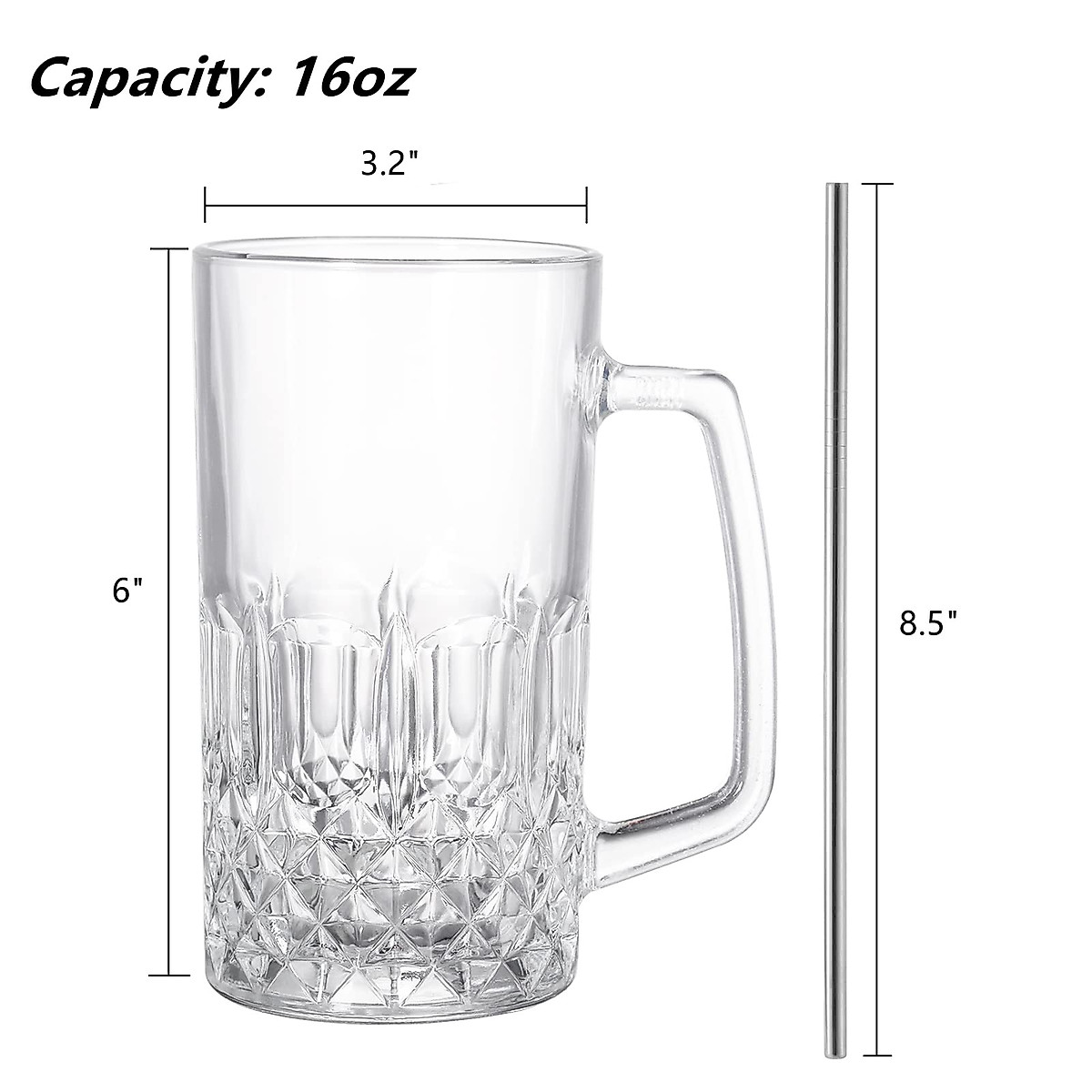 Frcctre 6 Pack 16 Oz Glass Beer Mug, Large Beer Glasses Steins with Handle and Stainless Steel Straws, Crystal Lead-Free Drinking Glasses Water Cups for Beer, Juice, Beverage, Bar