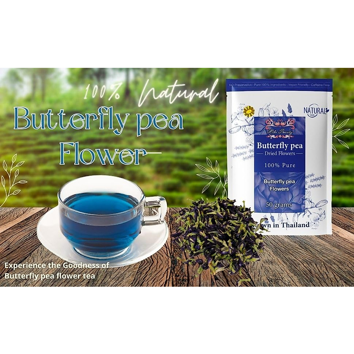 Hida Beauty Butterfly pea Flowers 1.76oz Premium Dried whole flowers Blue Color for tea drinks hot cool purple violet funness party food bakery pasta cocktail rice