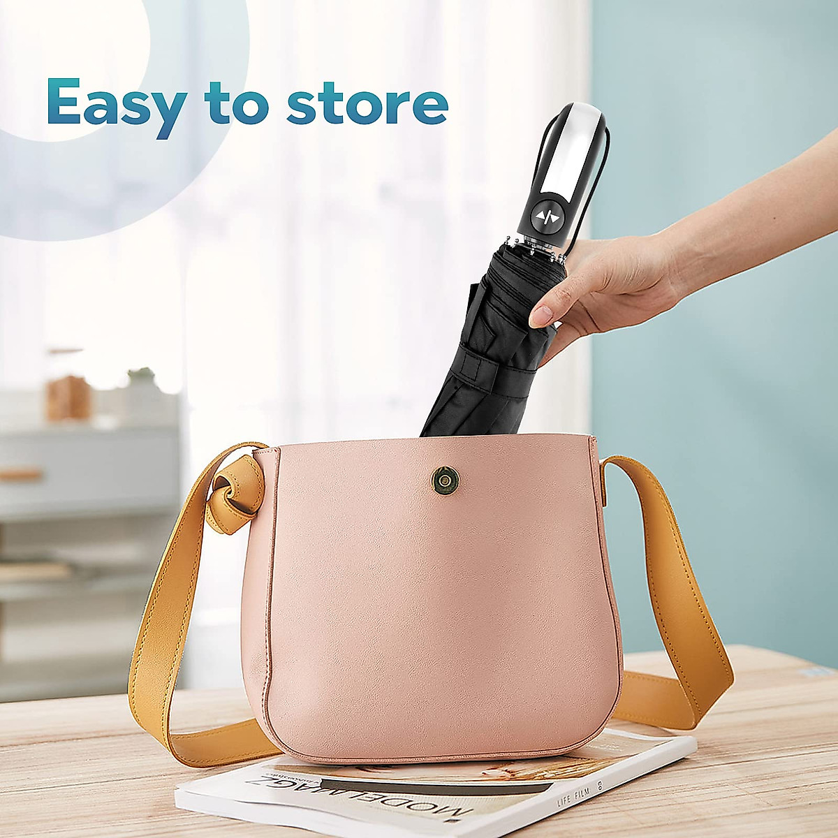 SIATELOO Umbrella For Rain- Portable Folding Windproof Umbrella Compact Automatic Open Umbrellas -46 Inch 10 Ribs UPF 50+ UV Protection black- Travel Essentials