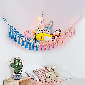 Stuffed Animal Net or Hammock with LED Light Stuff Toy Organizer Hanging Storage Net Handmade Boho Toys Storage Hammock Holder with Wood Beads for Children's Room Kindergarten Nursery (Blue and Pink)