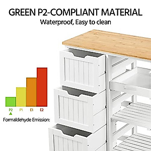 Yaheetech Kitchen Island Cart on Wheels with 3 Drawers and 3 Open Shelves, Rolling Kitchen Island Coffee Bar Trolley with Bamboo Countertop, Removable Tray & Lockable Casters for Dining Room, White