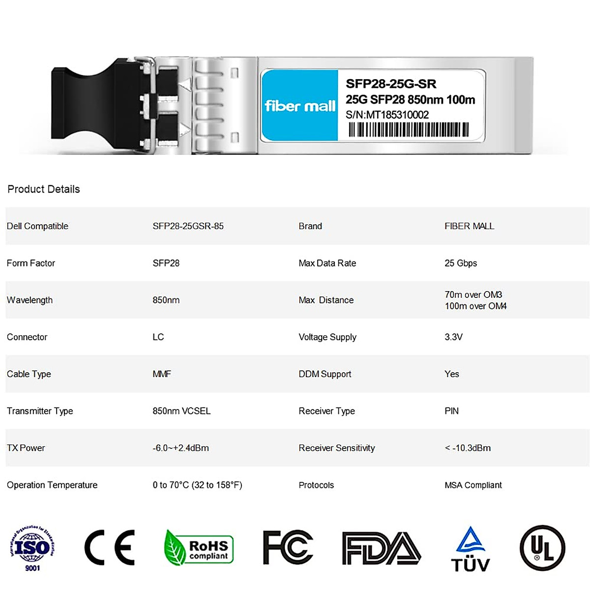 25G SFP28 SR for Dell SFP28-25G-SR,Compatible 10/25GBASE-SR SFP28 850nm 100m DOM LC MMF Optical Transceiver Module