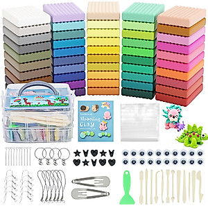 RUBFAC Polymer Clay Kit, 50 Colors Modeling Clay for Kids DIY Starter Kits, Non-Toxic Oven Bake Clay with Sculpting Tool Accessories and Storage Box for Beginner Artist DIY