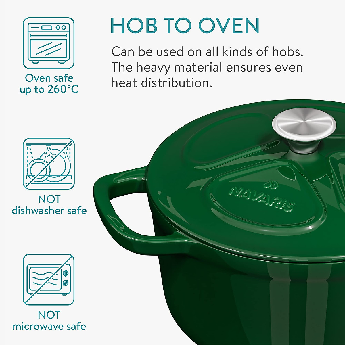 Navaris Enameled Cast Iron Dutch Oven - 2.6-Quart Enamel Coated Casserole Pot with Lid - Suitable for Oven and All Stovetops Incl. Induction - Green