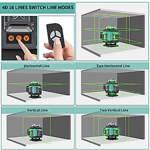 16 Lines Laser Level Self Leveling, 4x360° 4D Green Cross Line Lazer Level Tool with 2 Rechargable Batteries,Two 360° Vertical and Two 360° Horizontal Laser Dimmable brightness & Remote Controller