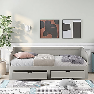 RUNWON Twin to King Size Wooden Daybed with Put-Out Trundle Bed and Storage Drawers,Versatile and Expandable Bed Frame for Kids Adults