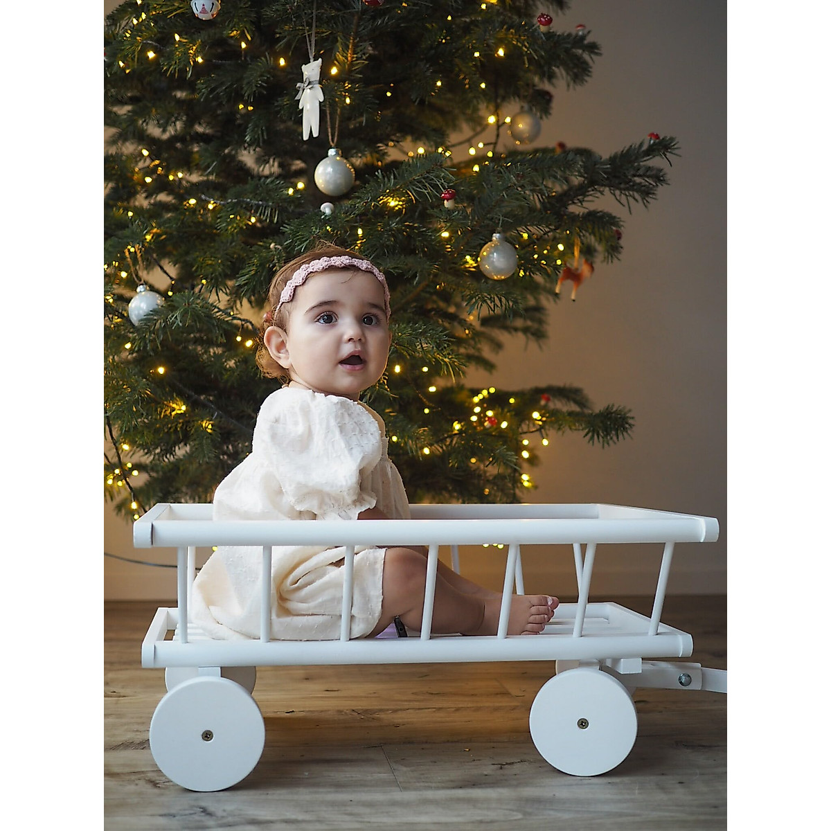 Premium Wooden Wagon MIKUS - Safe and Beautiful | Ideal for Weddings and Flower Girls | Color: White Fluff| Wheels: Rubber