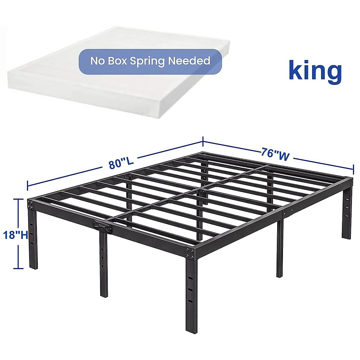 Bed Frame King Size Storage 18 inch Tall,Platform Metal BedFrame for Kids Boys Girls, Heavy Duty Support,No Box Spring Needed, Easy Assembly, Noise Free, Black (King, 18in)