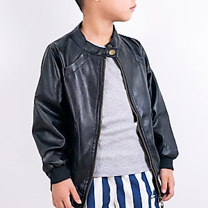 Chinaface Boy's Trendy Stand-Collar PU Leather Spring Moto Jacket Black-Large (Tag140, 9/10T)